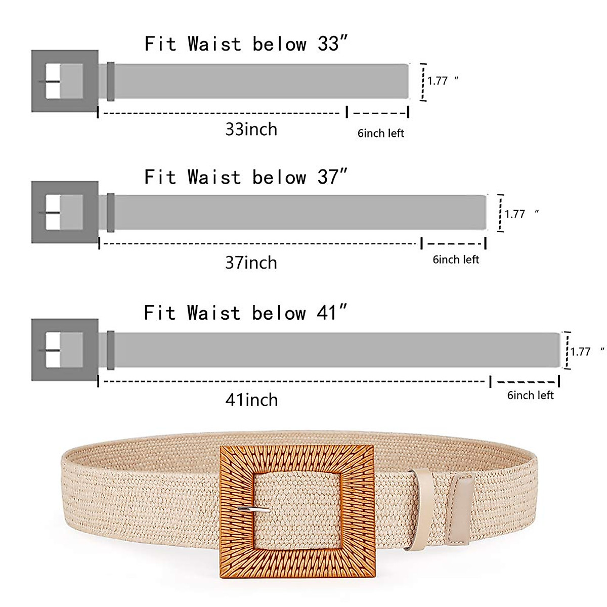 Women Belts For Dresses, Elastic Straw Rattan Waist Band With Large Buckle