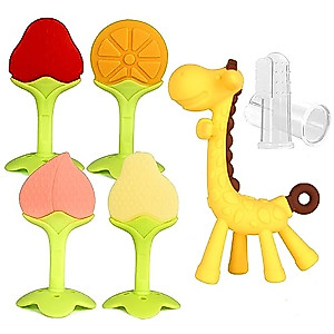 Fu Store Baby Teething Toys (7 Pack) for Newborn BPA Free Infant Toddler Silicone Fruit Giraffe Teethers Finger Toothbrush Strawberry Orange Peach Pear Soothe Babies Gums Set with Storage Case