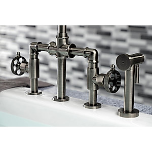 Kingston Brass KS2334RKX Webb Two-Handle 4-Hole Deck Mount Bridge Kitchen Faucet with Knurled Handle and Brass Side Sprayer in Black Stainless