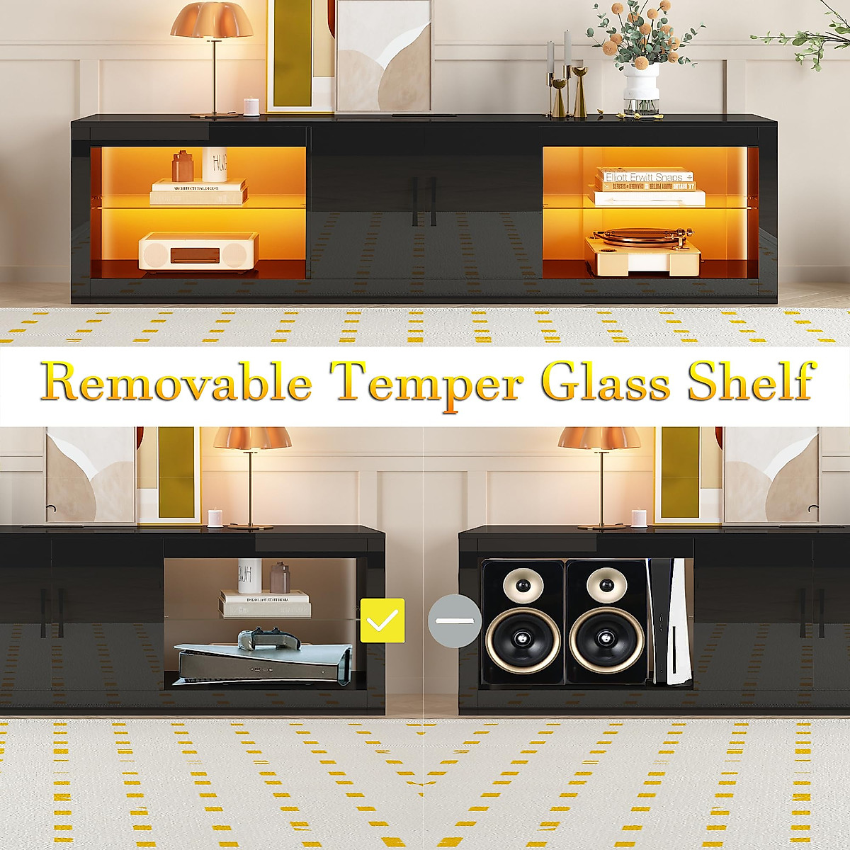 Vinctik 6&Fox 70 Inch Led TV Stand for 80/75 Inch TV, Modern Black Entertainment Center with Adjustable Glass Shelves Two Cabinets, Gaming High Gloss TV Stand with Led Light for Living Room,Black