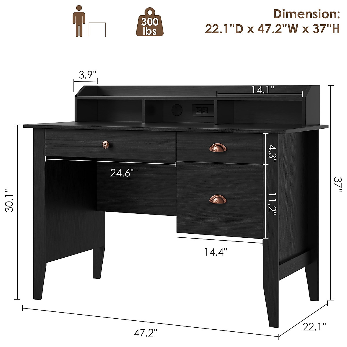 TTVIEW Computer Desk with Storage Drawers & USB Charging Port, Home Office Executive Desk with Hutch Shelf and File Drawer, Writing Study Table with 47" Wide Tabletop for Small Spaces, Black