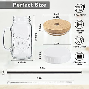 Mason Jar 24OZ Mason Jar with Lid and Straw Regular Mason Jar Lids Set Of 2 Mason Jar Cups with Handles Reusable Boba Cups Travel Bottle for Iced Coffee Large Pearl Juice Cocktail Smoothie (2, 24OZ)