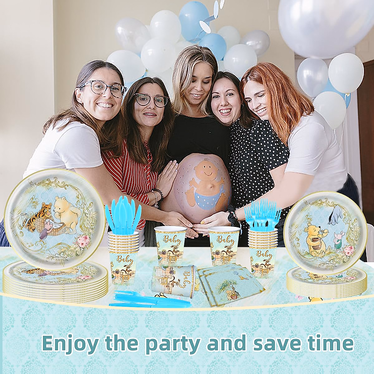 CAILESS Blue Winnie Bear Baby Shower Decorations, 156pcs Classic The Pooh Bear Baby Shower Party Supplies Included Plates Cups Napkins Cutlery Tablecloth Set Serves 25 Guests for Newborn Boy Birthday