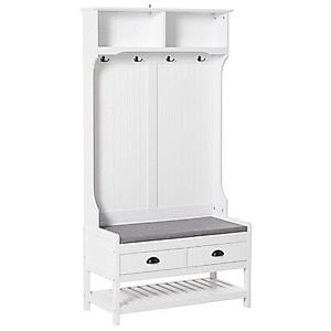 HOMCOM 3-in-1 Hall Tree, Entryway Bench with Coat Rack, Mudroom Bench with Shoe Rack, 2 Storage Drawers, 4 Hooks and Padded Seat Cushions for Hallway, White