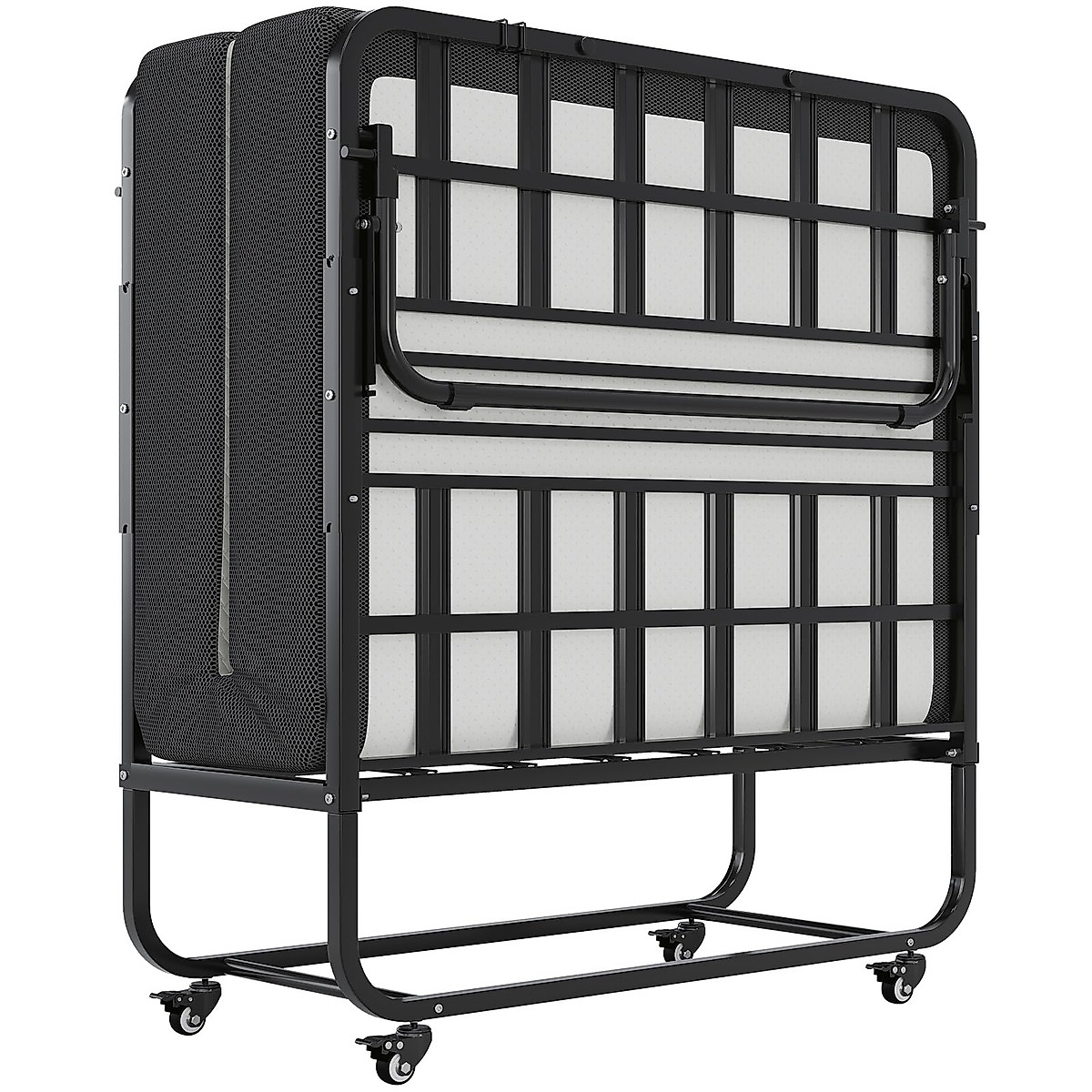 DICTAC Folding Bed with Mattress 75x38 Twin Size Bed Frame Portable Foldable Guest Bed for Adults Rollaway Bed with Wheels Fold up Bed with Metal Slats Bed Frame- 5'' Luxurious Memory Foam Mattress
