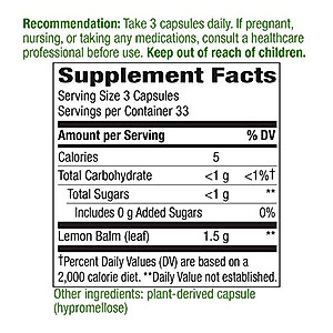 Nature's Way Premium Herbal Melissa Lemon Balm Leaf, Traditional Sleep Aid*, 1,500 mg per serving, 100 Capsules