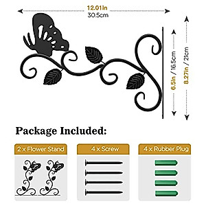 Lewondr Wall Hanging Plant Bracket, [2 Pack] 12 Inch Retro Outdoor Indoor Garden Hook Hanging Planter Decorative Plant Brackets for Bird Feeder Wind Chime Lantern, Butterfly and 3 Leaves, Black