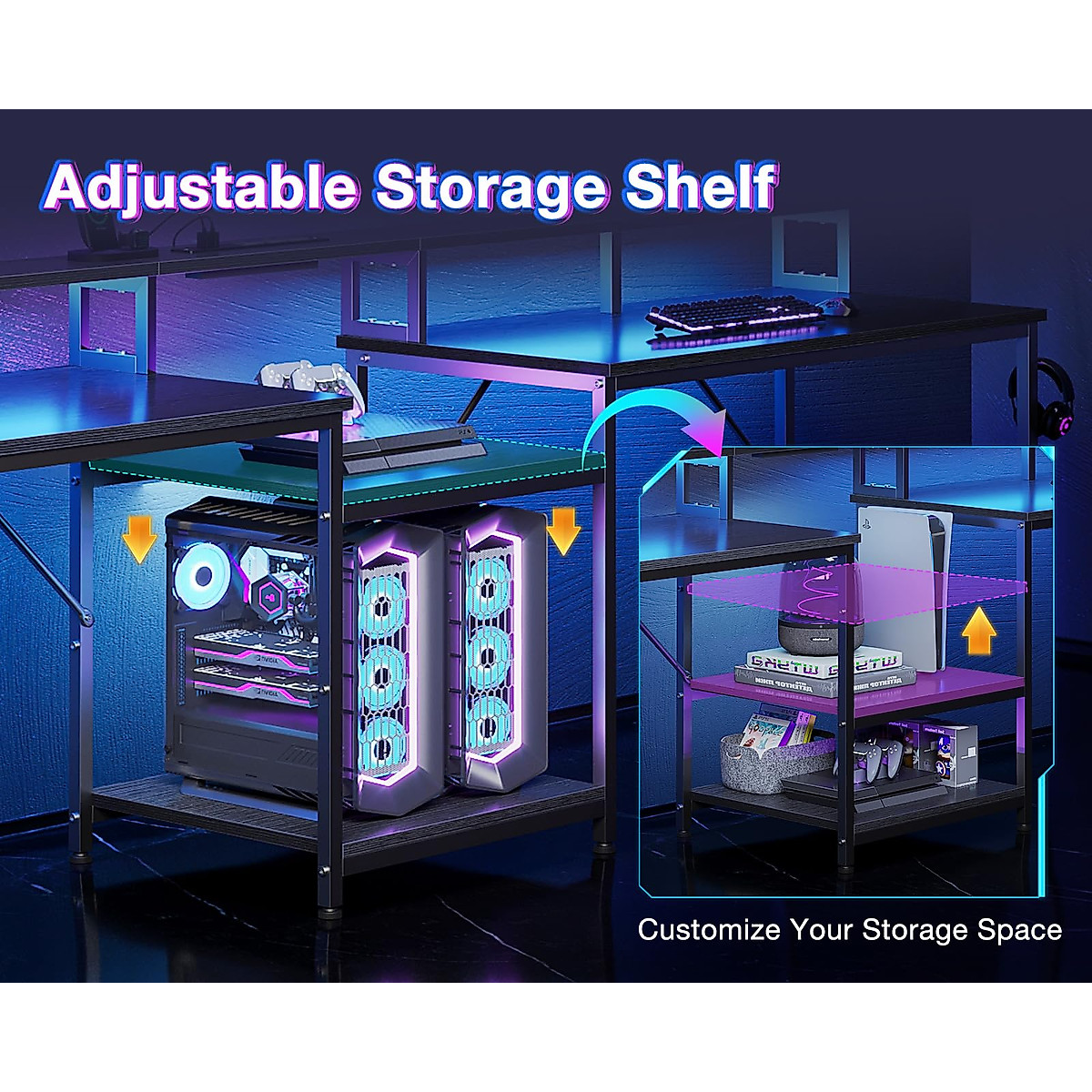 Coleshome 98 Inch 2 Person Gaming Desk with Storage Shelves- Long Double Home Office Computer Desks with USB Charging Port & LED Lights, Writing Desk with Monitor Stand, Modern Study/Work Table, Black