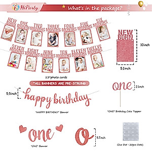 1st Birthday Baby Photo Banner, Happy Birthday Banner 17pcs First Birthday Decorations for Girl Newborn to 12 Months, First Birthday Photo Banner Garland Bunting with ONE Cake Topper, Rose Gold