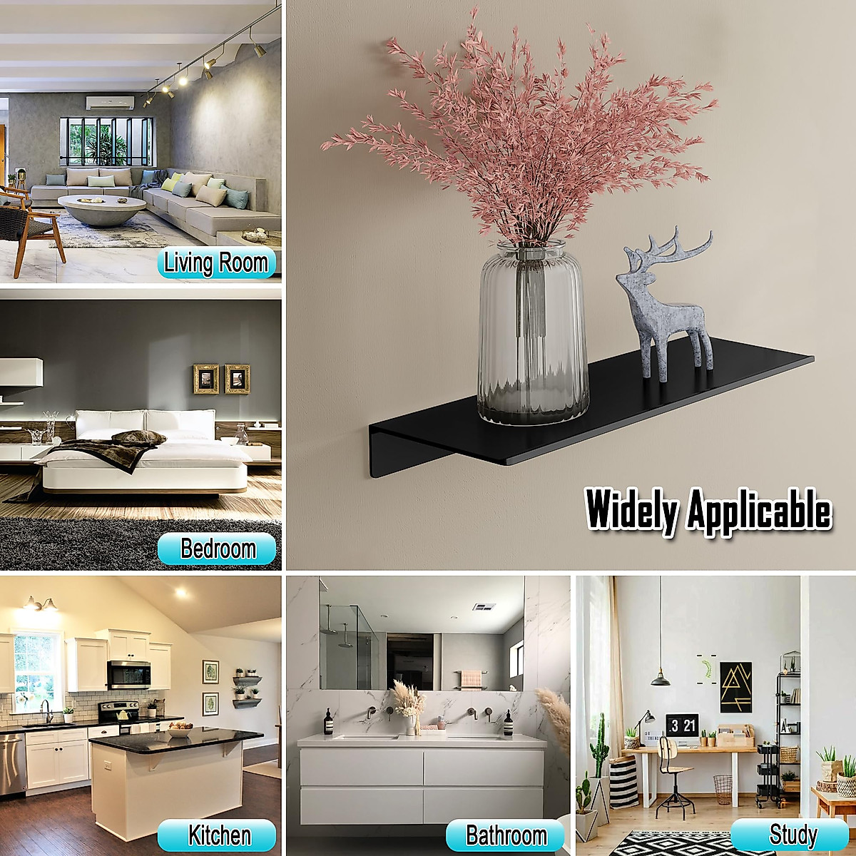 HNVNER Metal Floating Shelves Set of 2, Length 30CM, Black Wall Shelf for Bathroom, Display Shelves for Wall Decorative for Living Room, Bedroom, Hallway, Office