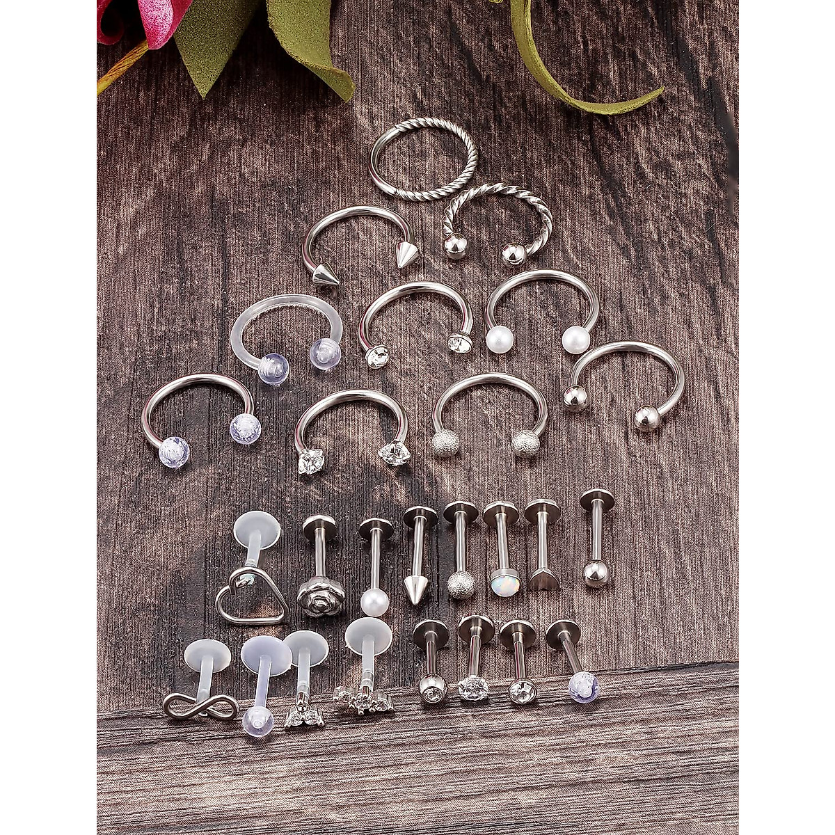 Vsnnsns 16G Lip Rings Stainless Steel Opal Horseshoe Labret Monroe Lip Rings Nail Cartilage Tragus Helix Earrings Studs Septum Ring Medusa Piercing Jewelry Retainer For Women Men Silver 8mm 26PCS