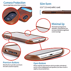 Dockem M1 Card Case for iPhone XR (6.1"): Slim Genuine Leather Wallet Case with Built-in Metal Plate for Magnetic Mounting and Lay-Flat Card Slot: Virtuosa [Brown]