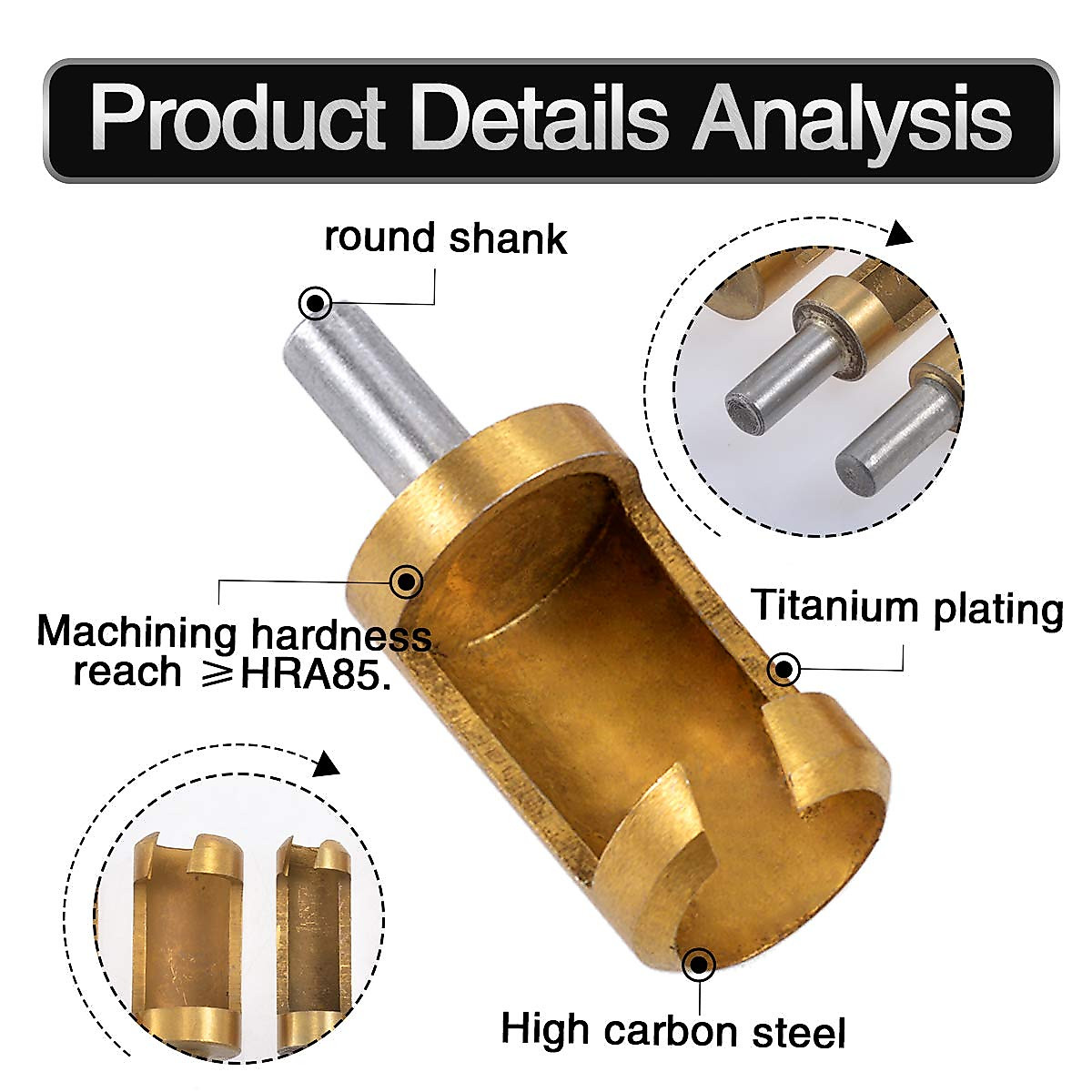 HOHXEN 4pcs Wood Plug Hole Titanium Coated Cutter Drill Bits Set 1/4" 3/8" 1/2" 5/8" Cutting Dowel Power Woodworking Cork Hole Saw Tool Round Wood Plug Tenon Drill Bit Set
