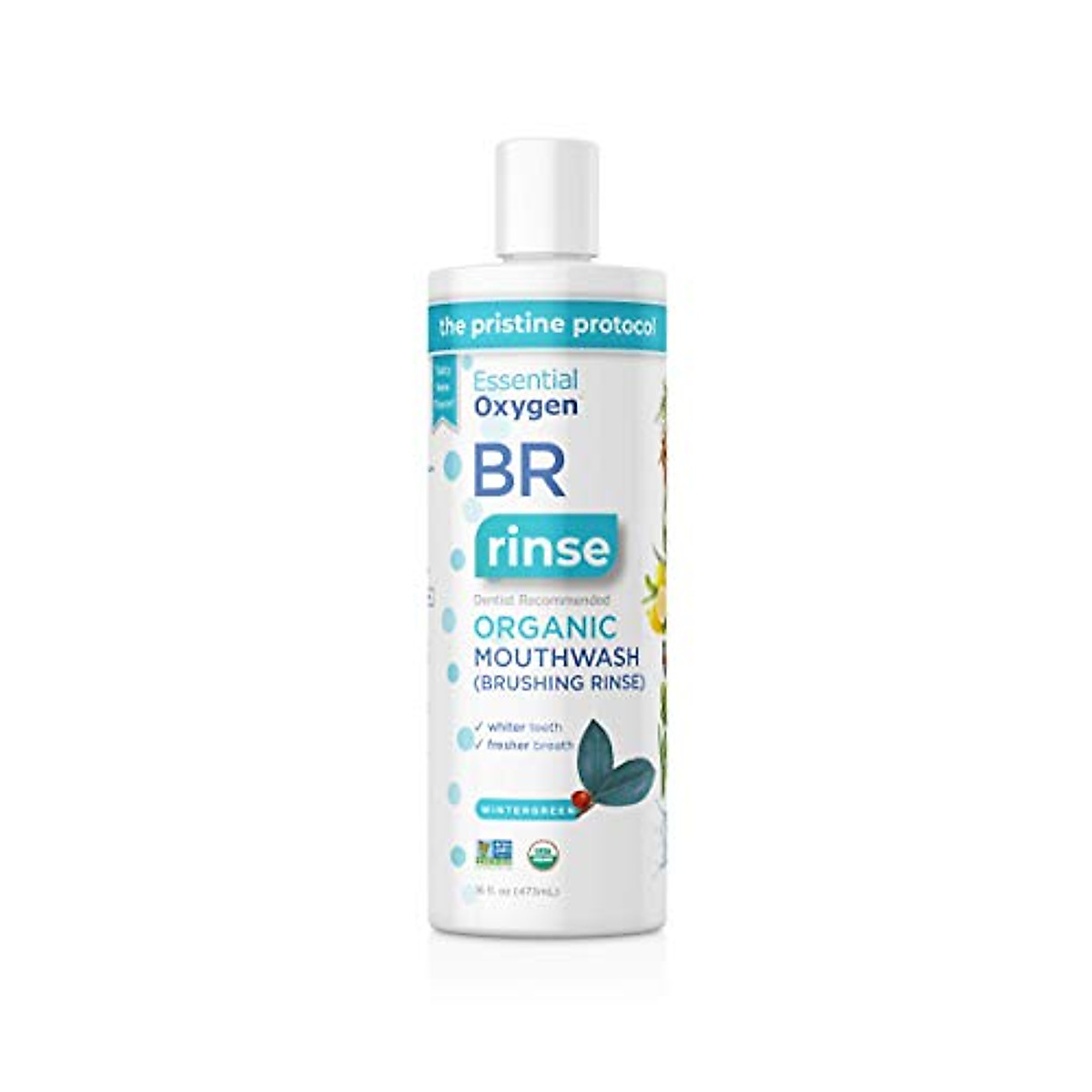 Essential Oxygen Certified BR Organic Brushing Rinse, All Natural Mouthwash for Whiter Teeth, Fresher Breath, and Happier Gums, Alcohol-Free Oral Care, Wintergreen, 16 Ounce