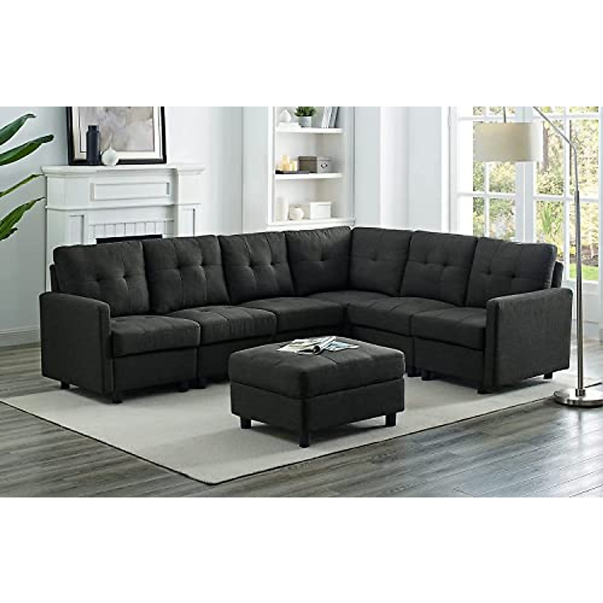 7 Pieces Modular Sectional Sofa, Indoor Convertible Furniture Fabric Upholstered Couch with Ottoman for Living Room