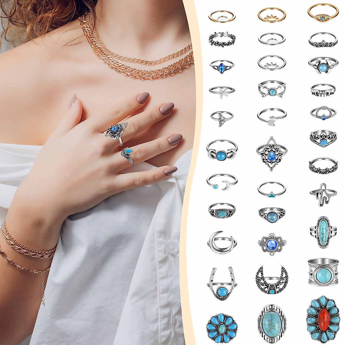 78 Pcs Vintage Turquoise Rings Set Women Western Rings Bohemian Silver Oval Gemstone Rings Boho Joint Knuckle Rings Midi Stacking Rings for Women