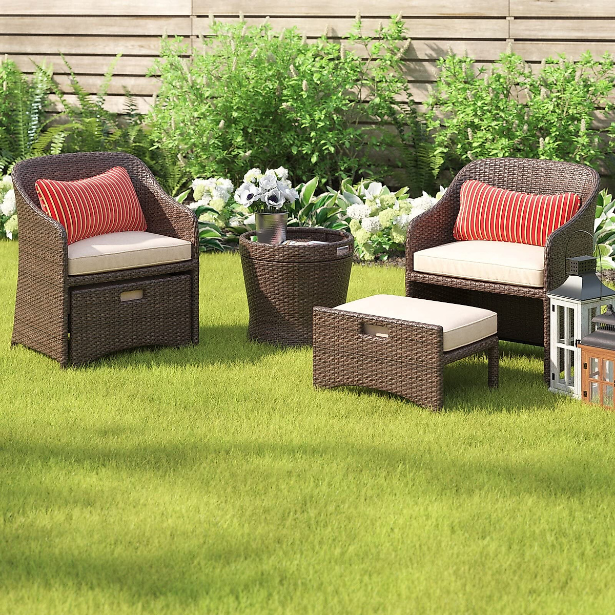 Barton 5 Piece Bistro Sofa Set w/Cushions 2 Chairs 2 Ottomans Multipurpose Outdoor Patio Wicker Rattan Furniture Space Saving