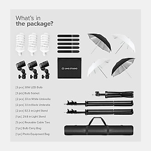 LimoStudio, 900W LED Output Lighting Series, LMS104, Soft Continuous LED Lighting Kit for White and Black Umbrella Reflector with LED Spiral Bulbs, Accessory and Carry Bag