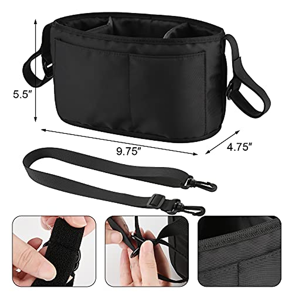 Beautyflier Universal Baby Stroller Organizer with Insulated Cup Holder and Shoulder Strap, Fits for Stroller like Uppababy, Baby Jogger, Britax, Bugaboo, BOB, Umbrella and Pet Stroller, Pockets for Carrying Diaper, Phone, Keys, Toys and Snacks (Black)