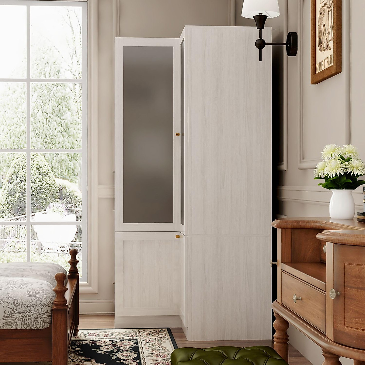TAMUNE L-Shape Wardrobe Armoire Closet with Hanging Rod & Shelf, Bedroom Armoire with Frosted Glass Doors, Clothes Wardrobe with Gold Knobs, Wood Grain, 35.4”D x 35.4”W x 70.9”H