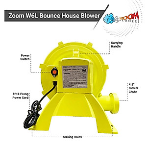 Zoom Blowers Portable Air Pump for Inflatables - Energy Efficient High Power 950-Watt, 1.25 HP Compact Residential Air Blower for Bounce Houses, Slide Combos, Water Slides and Obstacle Course for Kids