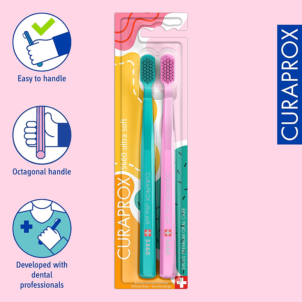 Curaprox CS 5460 Ultra-Soft Blue and Pink Battery Powered Toothbrush for Adults, Different Days Special Edition, Pack of 2