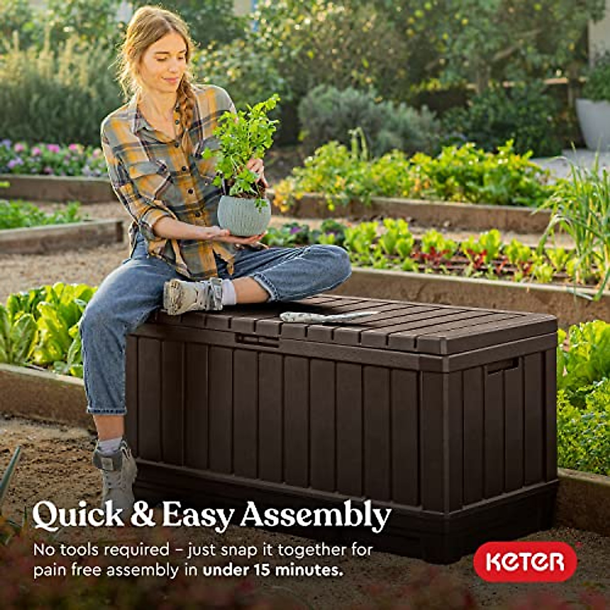 Keter Kentwood 90 Gallon Resin Deck Box-Organization and Storage for Patio Furniture Outdoor Cushions, Throw Pillows, Garden Tools and Pool Toys, Brown