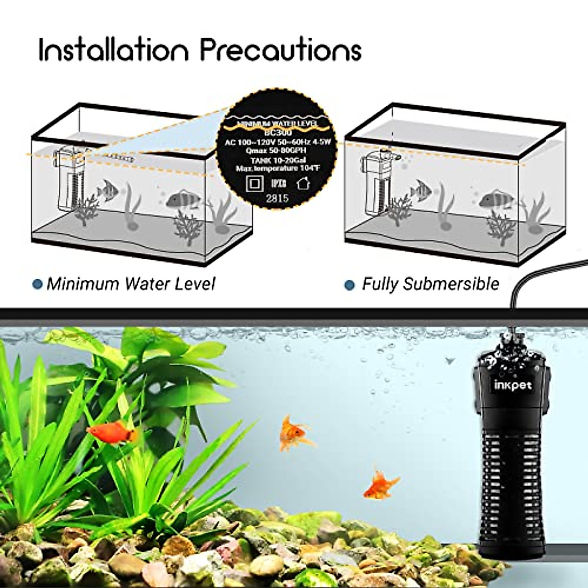 INKPET Aquarium Internal Filter, Submersible Power Filter for 10-20 Gallon Fish Tank with Adjustable Water Flow and Replacement Cartridge,80 GPH, 4.5W