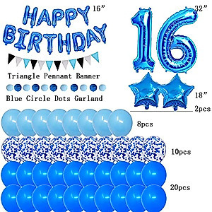 Succris 16TH Blue Theme for 16 Years Old Birthday Party Supplies Blue Happy Birthday Banner Blue Circle Dots Garland Paper Hanging Triangle Flag Banner Confetti balloons Number 16 Blue