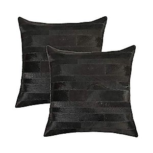 Set of 2, Natural Torino Cowhide Throw Pillows with Poly Insert | Madrid Accent Pillows Handcrafted from 100% Cow Hide, Black, 18 in x 18 in
