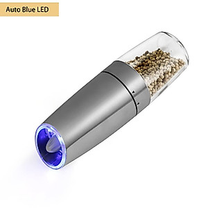 Gravity Electric Pepper Grinder, Salt and Pepper Mill & Adjustable Coarseness, Battery Powered with LED Light, One Hand Automatic Operation, Stainless Steel (Single/Silver)