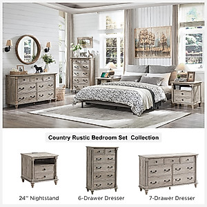 T4TREAM Farmhouse 6 Drawers Dresser Chests for Bedroom w/4 Solid Wood Feet & Column Decor, Tall Wood Country Rustic Chest of Drawers, Storage Dressers for Bedroom, Living Room, Light Rustic Oak