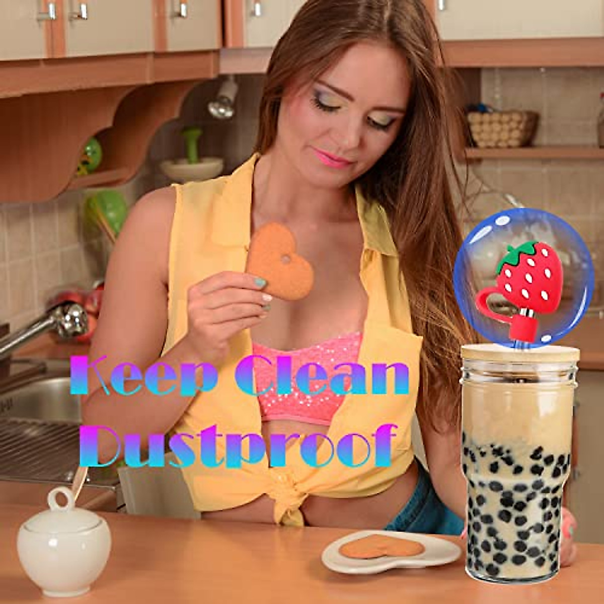 8pcs Straw Covers Cap for 0.4 inch/10mm Straws, Dust-Proof Straw Cap Tip Silicone Toppers Cartoon Reusable Plugs for Tumblers