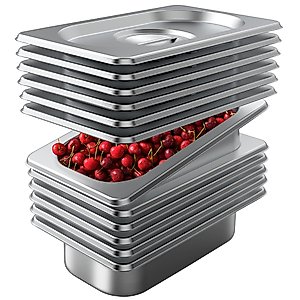 HNEDSEN 6 Pack Stainless Steel Hotel Pan with Lids 1/4 Size 4 Ince Deep Steam Table Metal Food Pan Steamer Trays for Buffet Catering Pans Metal Commercial Kitchen Pans