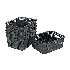 Waikhomes Set of 6 Plastic Weave Storage Basket, Small Organizer Basket Bin (Grey), T
