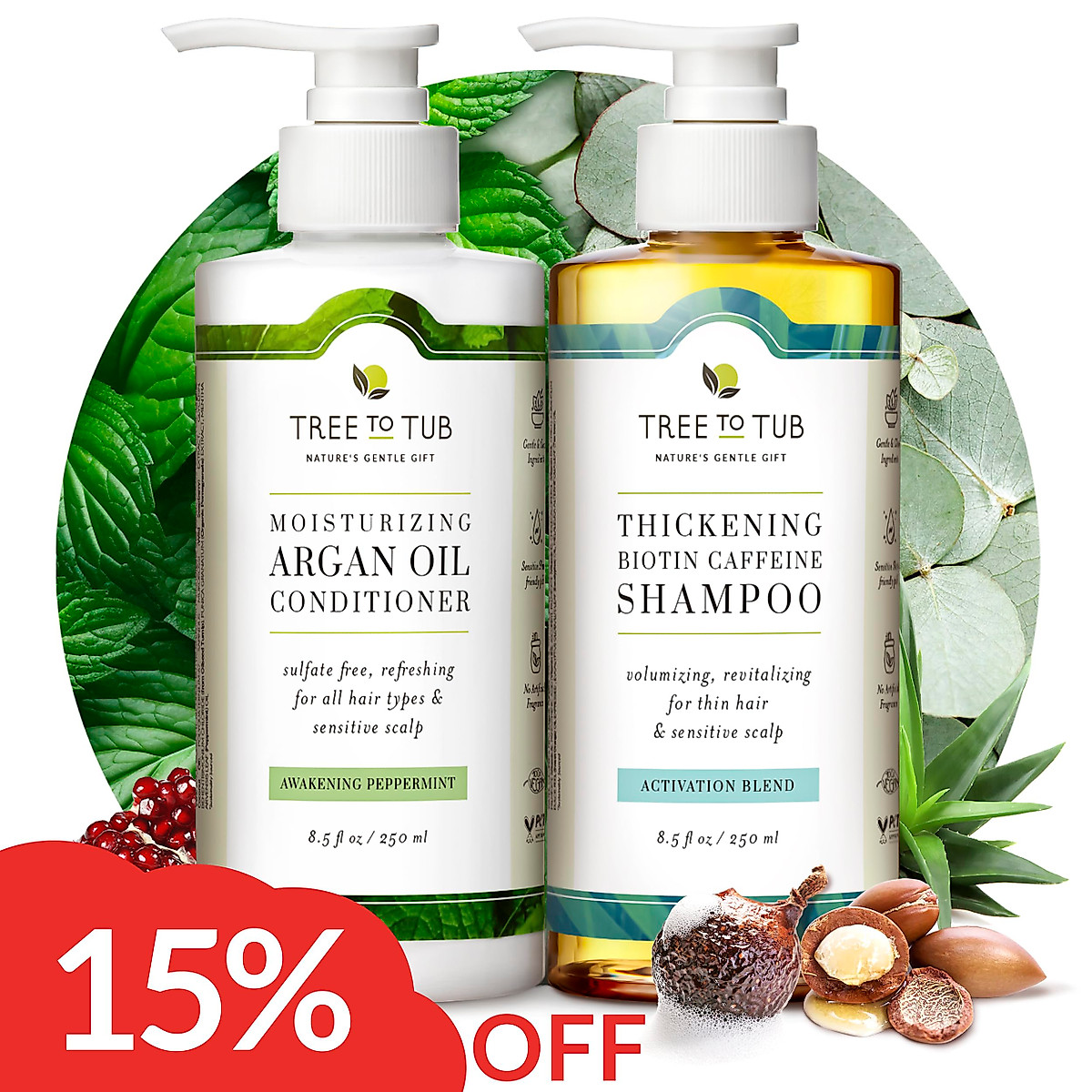 Tree To Tub Biotin Fine Hair Shampoo for Thicker, Fuller Volume & All Hair Type Hydrating Argan Oil Conditioner for Dry Oily Hair & Sensitive Scalp - Gentle Volumizing Shampoo & Conditioner
