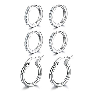 Silver Hoop Earrings- Cartilage Earring Small Hoop Earrings Set/3 Pairs of Hypoallergenic Sterling Silver hoop earrings/Cubic Zirconia Cuff Earrings for Women Men (2 pairs 10mm+1 pair 12mm)