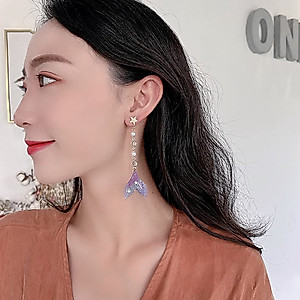 Mermaid Earrings - Sequin Resin Fish Tail Dangly Earrings for Women,Unique Mermaid Dangle Drop Earrings,S925 Sterling Silver Earrings for Hypoallergenic,Beach Earrings with Pearl Link Chain