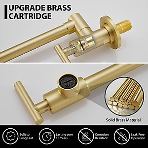 VAKITAP Gold Pot Fillers Wall Mount, Modern Pot Filler Faucet with Double Joint Swing Arm Design, Single Hole 2 Handles Kitchen Pot Filler Faucet, 3004-BG