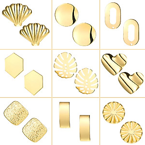 Hicarer 36 Pcs/ 18 Pairs Gold Plated Earring Studs for Jewelry Making Earring Posts with Loop Hole Ear Studs Kit Palm Leaf Shaped Flower Shell Ear Pad Base Posts Heart Hollow Rectangle Hexagon Shapes