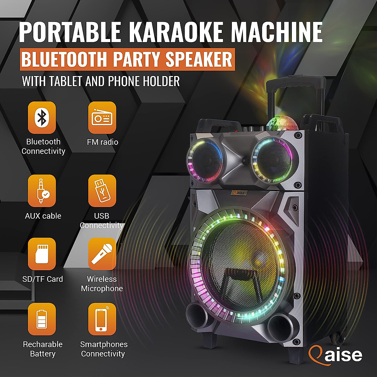 Portable Bluetooth Party Speaker and Karaoke Machine with 2 Wireless Mics, Disco Ball, LED Lights, Handle and Wheels, FM Radio. Loud Party Sound System, Rechargeable Tailgate PA Speaker