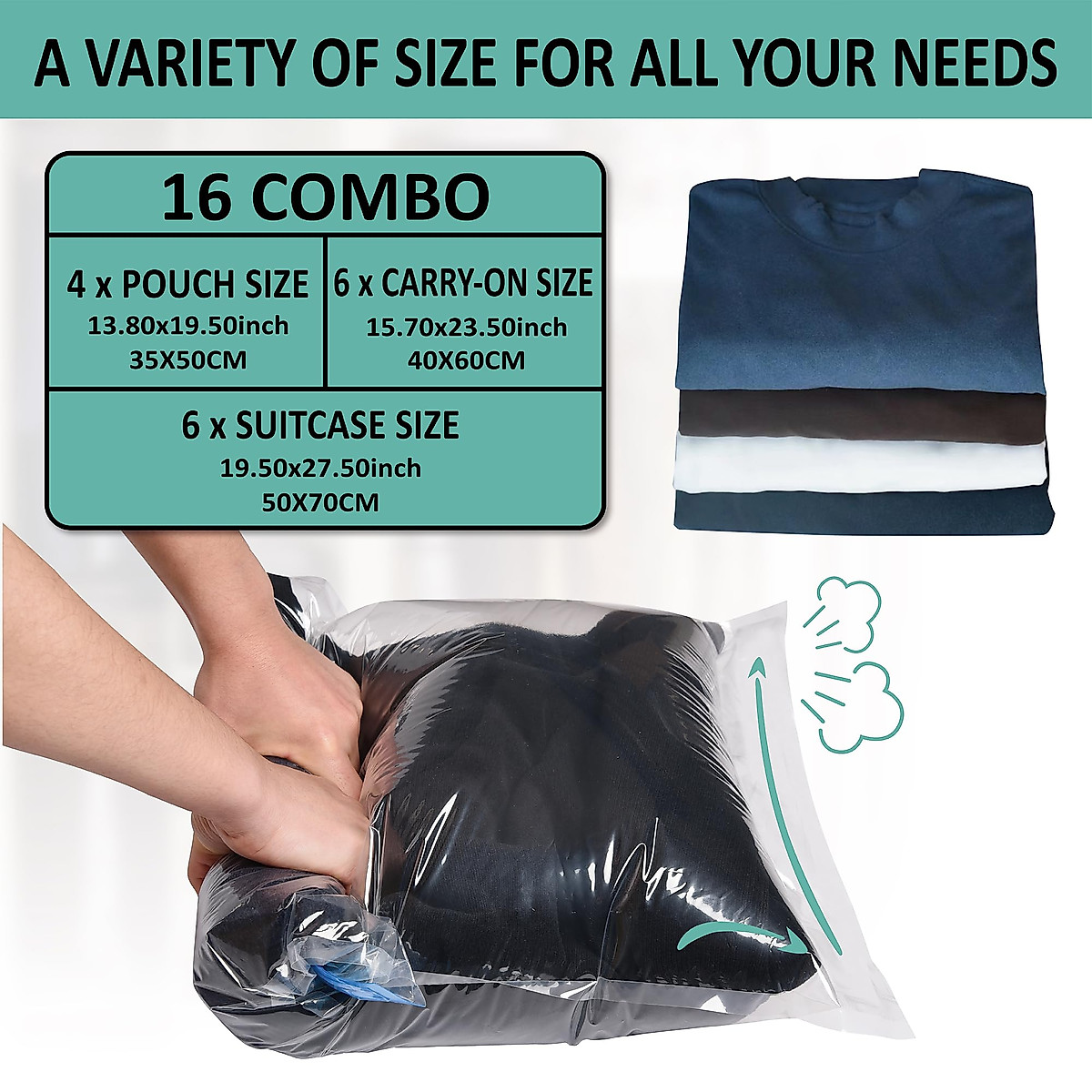Compression Bags for Travel - Travel Essentials - 16 Pack Space Saver Bags - No Vacuum Needed - Compression Packing Bags for Cruise Accessories