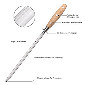Cohesion Knife Sharpener Rod for Kitchen Knife Daily Sharpener Maintenance, 10 Inch Carbon Steel Professional Knife Sharpening Rod Honing Steel with White Oak Wood Handle