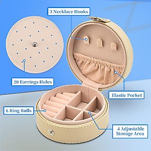 FYTSDIK Jewelry Holder Organizer, Travel Jewelry Case, Small Jewelry Box Travel Essentials Accessories for Women, Ring Necklace Earring Bracelet Box, Mini Gifts for Women Mom Grandma(PU-Beige) 1 Pack