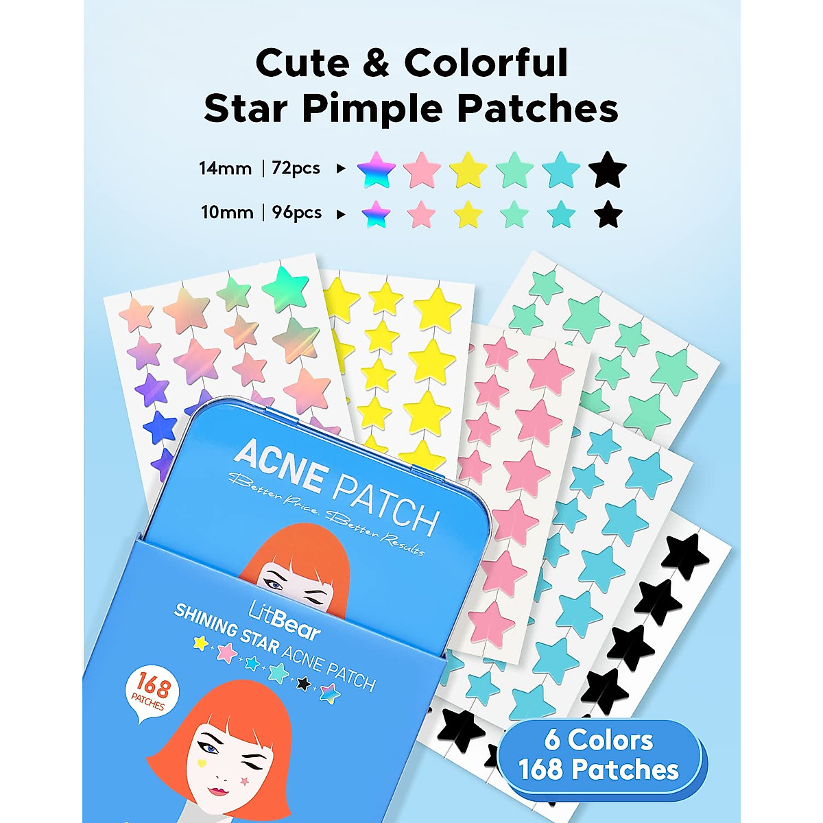 LitBear Acne Patch with Tea Tree & Centella Oil, 168 Hydrocolloid Dots in 6 Colors for Face - Cute Star Pimple Stickers
