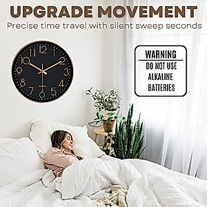 SUOHUI 12 Inch Silent Wall Clock Non-Ticking Modern Style Wall Clocks Battery Operated for Home/Bedroom/Office/Classroom/School/Living Room Decor(Golden Frame Black Dial)