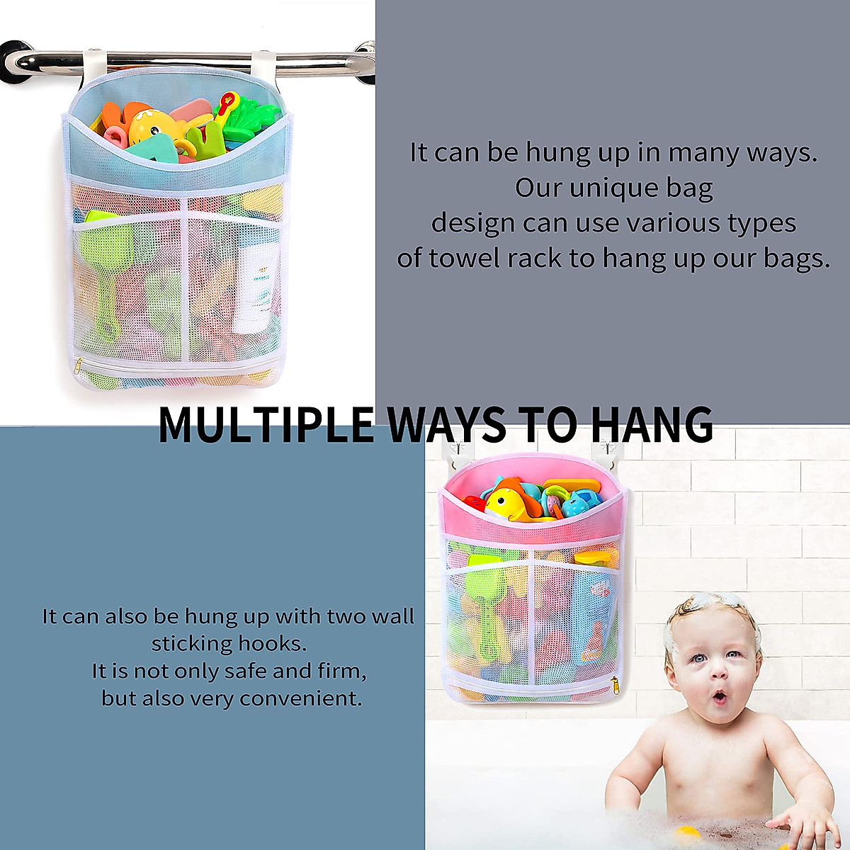 Ligereza Mesh Bath Toy Organizer, Various Hanging Ways, Large Capacity Large Opening, YKK Zipper, 4 Super Hooks, with Two Compartment Pockets, Baby Bathtub Toy Storage Bag (Large White)