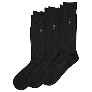 Polo Ralph Lauren Men's Super Soft Ribbed Dress Crew Socks 3 Pair Pack - Lightweight Comfort, Black, 6-12.5