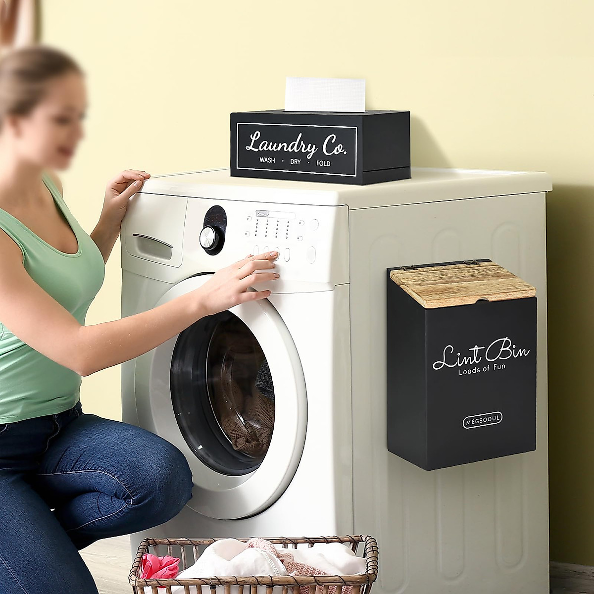 Megsooul Magnetic Lint Bin and Dryer Sheet Holder Set for Laundry Room, Farmhouse Wooden Lint Trash Can with Lid and Dryer Sheet Dispenser Box Magnetic for Mounting,Stylish Laundry Room Organization