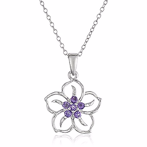 Amazon Collection Sterling Silver Genuine African Amethyst Flower Pendant Necklace, 18"